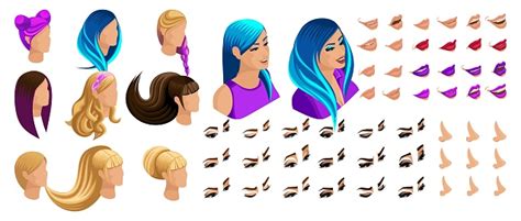 캐릭터 소녀 10 대 위한 아이소메트릭 만들기 감정 창의적인 헤어스타일 및 감정 슬픔 기쁨 행복의 N 4를 설정 합니다 입술 눈의 다른 메이크업 귀여운에 대한 스톡 벡터