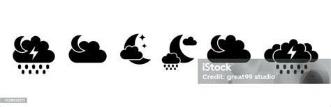 구름 밤 날씨 아이콘 세트 야간 예보 벡터 아이콘 세트 날씨가 흐린 신호 흐림 비 폭우 초승달 천둥 폭풍 번개 및 별이 빛나는 하늘의 상징을 포함합니다 0명에 대한 스톡