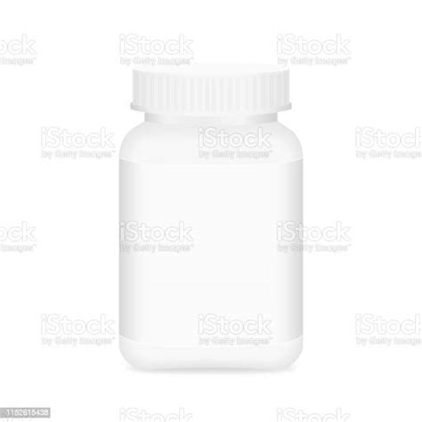 화이트 의학 병 및 화이트 라벨 병 플라스틱 흰색 포장 단일 빈 템플릿 디자인 흰색 배경 포장 병 포장 알 약 의학 비타민 약물 정제 보충 정사각형 구성에 대한 스톡 벡터