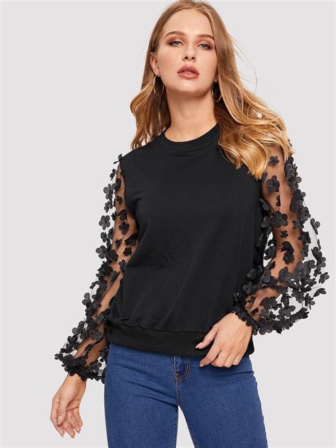 SHEIN Flower Applique Mesh Sleeve Sweatshirt Fashion Casual Tops Casual Dress Outfits