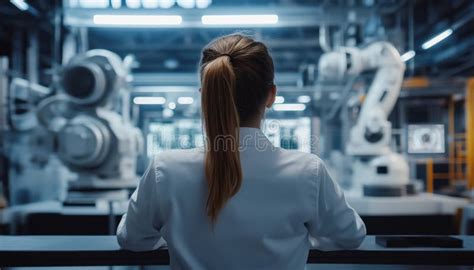 Factory Female Industrial Manager Engineer Supervising Automation Robot Arms Machine Through