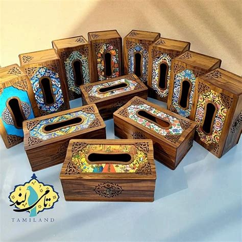 خرید و قیمت جعبه دستمال کاغذی چوبی کرشمه طرح کاشی زرد تامی لند ترب