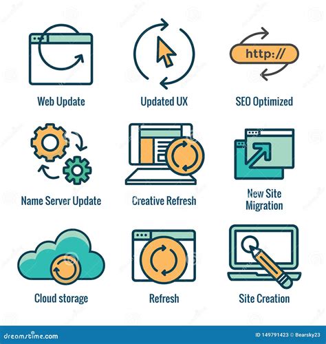 Website Update Icon Set With Seo Update Site Creation And Name Server