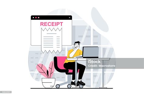 웹을 위한 플랫 디자인에서 사람들 장면이 있는 전자 영수증 개념 온라인 구매 비용으로 디지털 수표를 조사하는 남자 소셜 미디어