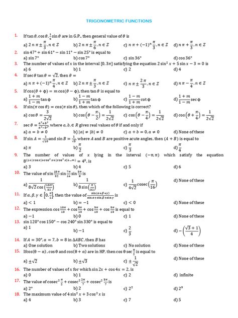 11 Trignometric Functions Questions Pdf Trigonometric Functions Pi