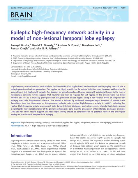 Pdf Epileptic High Frequency Network Activity In A Model Of Non Lesional Temporal Lobe Epilepsy