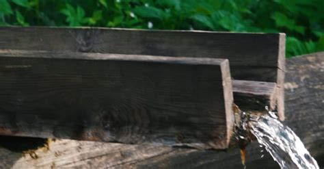 집 밖의 Flussmittelnatürlich 개울 고요한 광야 구멍 나무 나무통 녹지 다시 자연으로 떨어지는 떨어지는 물 러스틱 물 특징