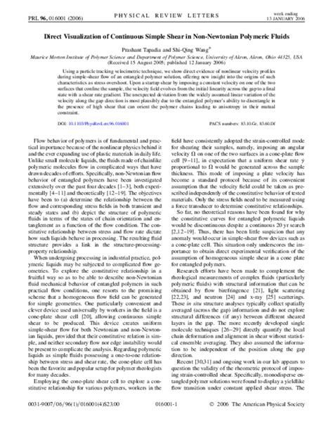 Pdf Direct Visualization Of Continuous Simple Shear In Non Newtonian Polymeric Fluids