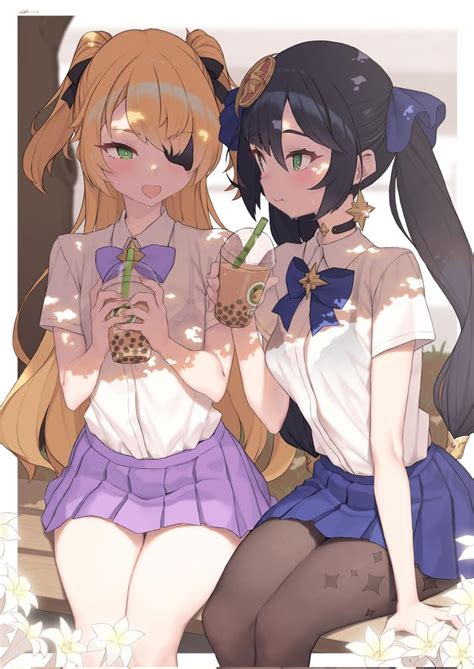 School Girl Fischl And Mona Genshin Impact Rawwnime