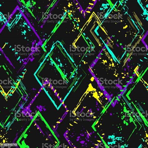 마름모 페인트 브러시 스트로크 페인트 튄 자국 네온 밝은 색상의 얼룩이있는 패턴 가상 추상적인 배경입니다 스포츠 용품 프린트