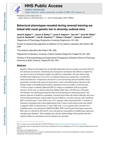 Pdf Behavioral Phenotypes Revealed During Reversal Learning Are