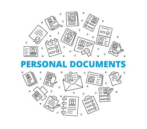 개인 문서용 선형 아이콘 세트 원형 구성 신분증 포트폴리오 운전 면허증 이력서 증명서 등과 같은 기호가 포함되어 있습니다 프리미엄 벡터