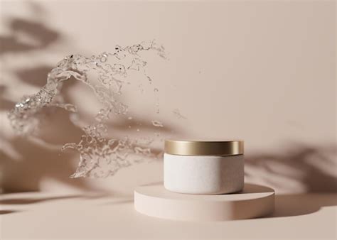 연단에 물이 튀는 빈 브랜드 없는 화장품 크림 항아리 밝은 갈색 배경에 스킨 케어 제품 프레젠테이션 복사 공간 3d 렌더링이 있는 고급 모형 항아리 프리미엄 사진