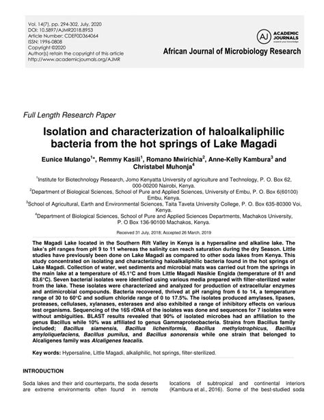 Pdf Isolation And Characterization Of Haloalkaliphilic Bacteria From The Hot Springs Of Lake