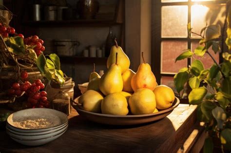 Premium Photo Luscious Pears Ripe Table Kitchen Generate Ai