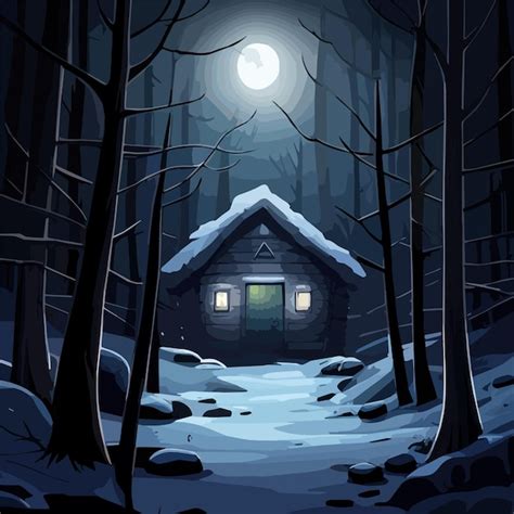 Pequeña cabaña de madera en un bosque oscuro de hadas en la nieve