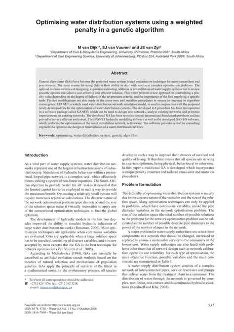 Pdf Optimising Water Distribution Systems Using A Weighted Hub Documentswater Sa Journals