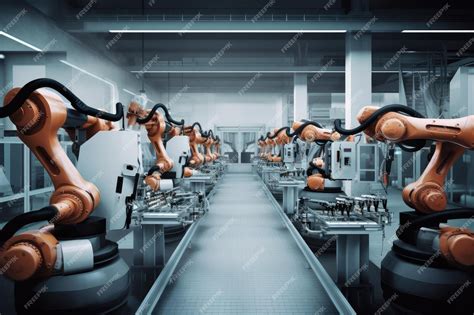 Premium Ai Image Group Of Robots Working Together In A Factory Generative Ai