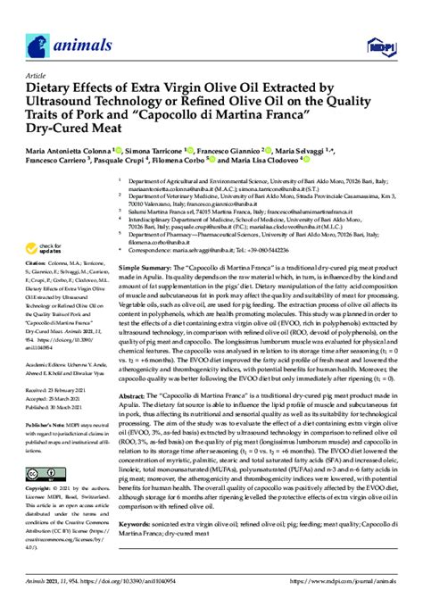 Pdf Dietary Effects Of Extra Virgin Olive Oil Extracted By Ultrasound