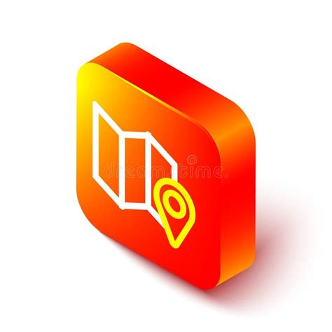 Isometric Line Folded Map With Location Marker Icon Isolated On White Background Orange Square