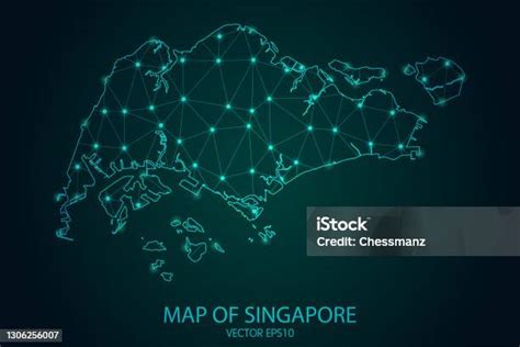 シンガポールの地図 暗いグラデーションの背景に光る点と線のスケールで3dメッシュポリゴンネットワーク接続 シンガポールのベクターアート素材