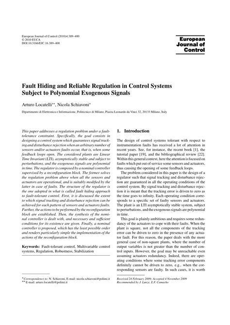 Pdf Fault Hiding And Reliable Regulation In Control Systems Subject