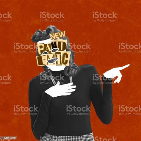현대 미술 콜라주 개념 이미지 빨간 배경에 고립 된 얼굴에 새로운 전염병 레터링이있는 세련된 소녀 실루엣 디자인에 대한 스톡