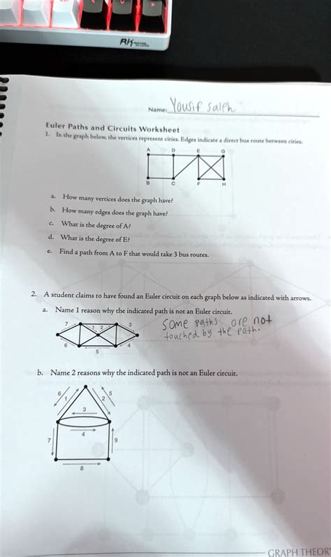 Name Yousif Saleh Euler Paths And Circuits Worksheet 1 In The Graph