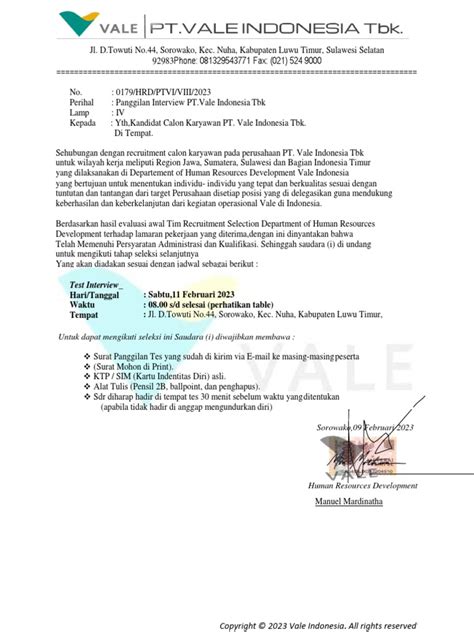 Surat Panggilan And Daftar Peserta Interview Kandidat Pt Vale Indonesia