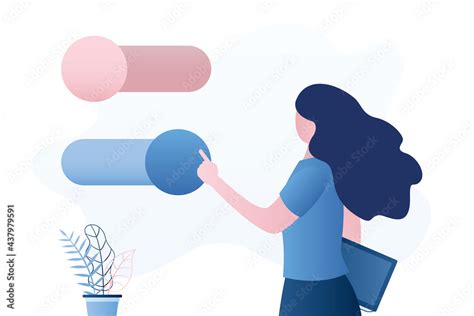 Cute User Girl Moves Sliders Of Settings System Adjust Control Panel Horizontal Icons And