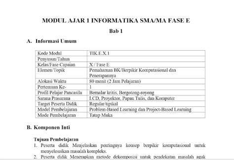 Modul Ajar Informatika Kelas 10 Sma Ma Ms Word Panduandapodik Id