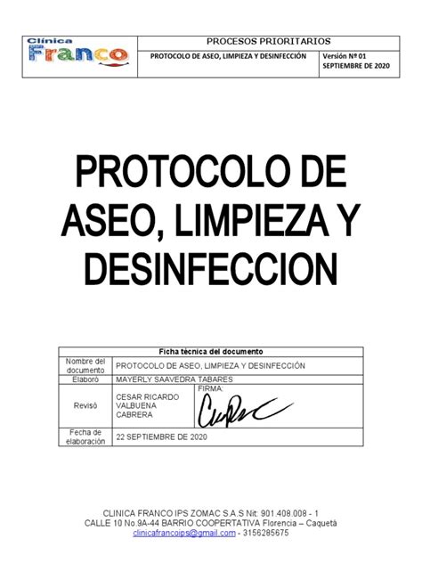 Protocolo De Aseo Limpieza Y Desinfección Pdf Agua Residuos