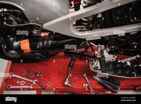Fixing Custom Motorcycle Standing In Repair Shop Instruments And