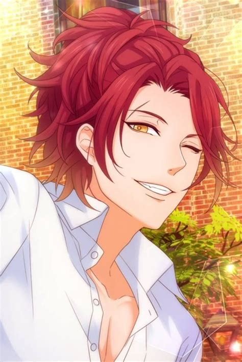 An Anime Character With Red Hair Is Smiling At The Camera And Has His