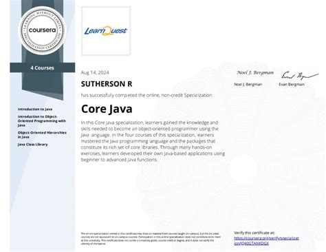 Successfully Completed My Java Course💫 Coursera Learnquest Sutherson R
