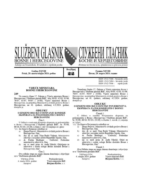 Službeni Glasnik Bih Godina 28 Broj 22 29 3 2024 Pdf