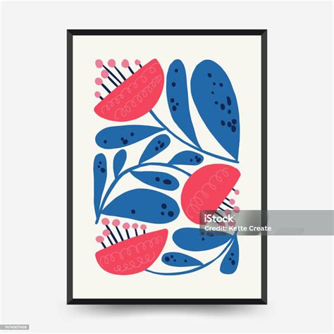 추상 꽃 포스터 템플릿입니다 모던한 트렌디한 마티스 미니멀 스타일 핑크와 블루 색상 벽지 벽 장식 인쇄 엽서 표지 템플릿 배너를 위한 손으로 그린 디자인 0명에 대한 스톡