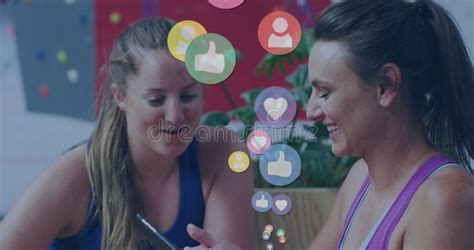 Image Of Social Media Icons Over Sportswomen With Smartphone Stock