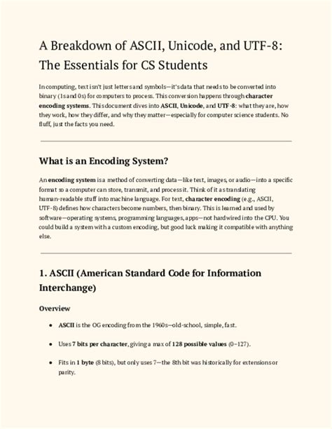 Pdf A Breakdown Of Ascii Unicode And Utf 8 The Essentials For Cs