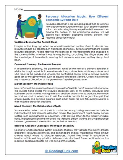 Economic Systems Worksheets Reading