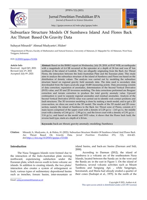Pdf Subsurface Structure Models Of Sumbawa Island And Flores Back Arc Thrust Based On Gravity Data