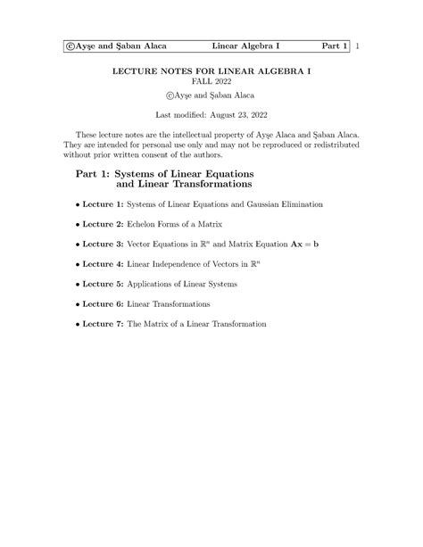 Linear Algebra 1 Lecture Notes Part1 Ver1 F2022 Lecture Notes For
