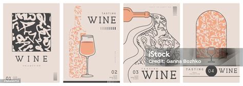 현대 라인 아트 잡지 표지 또는 포스터 와인 병 안경 및 추상적 인 질감 세트 레스토랑 메뉴 디자인 벡터 일러스트 레이 션 개체