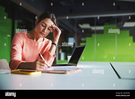 Beautiful Elegant Tired Female Business Analyst With Close Eyes Thinking About Something In The