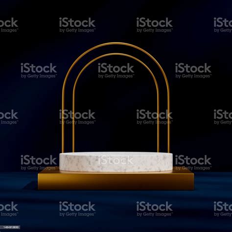 진한 파란색 장면 배경 3d 렌더링 금색 아치 배경이 있는 사각형에 있는 흰색 연단의 모형 0명에 대한 스톡 사진 및 기타 이미지 0명 3차원 형태 강단 Istock