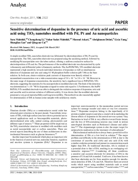 Pdf Sensitive Determination Of Dopamine In The Presence Of Uric Acid And Ascorbic Acid Using