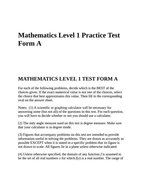 Solution The Sat Math Level 1 Test 1 Subject Test With Answers Studypool