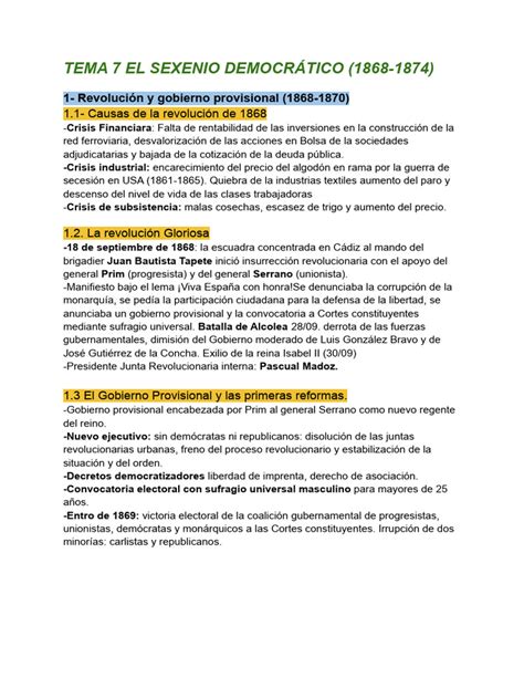 Tema 7 El Sexenio DemocrÁtico 1868 1874 Pdf España Gobierno