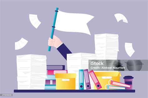 백기를 들고 있는 사업가의 손 포기 과부하 된 직원 과로 개념 문서 청구서 및 많은 서류와 폴더로 가득 찬 사무실 책상 가리기에 대한 스톡 벡터 아트 및 기타 이미지