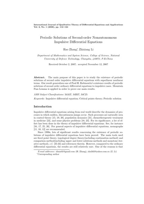 PDF Periodic Solutions Of Second Order Nonautonomous Impulsive Di